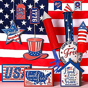 12 Pcs 4th of July Tiered Tray Decor Patriotic Decorations Independence Day Mini Sign Gnomes Plus Bead Garland Red White Blue Wood Signs Items Farmhouse Decor for Home Memorial Day (Delicate Style)