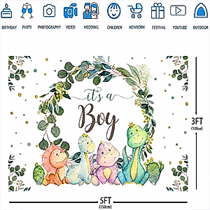 5x3ft It's a Boy Backdrop Baby Shower Cartoon Dinosaur Cactus and Eucalyptus Leaves Photography Background Kids Party Supplies Cake Table Decor Banner Photobooth Props Gift Favors, Green (ELH0C430UU)