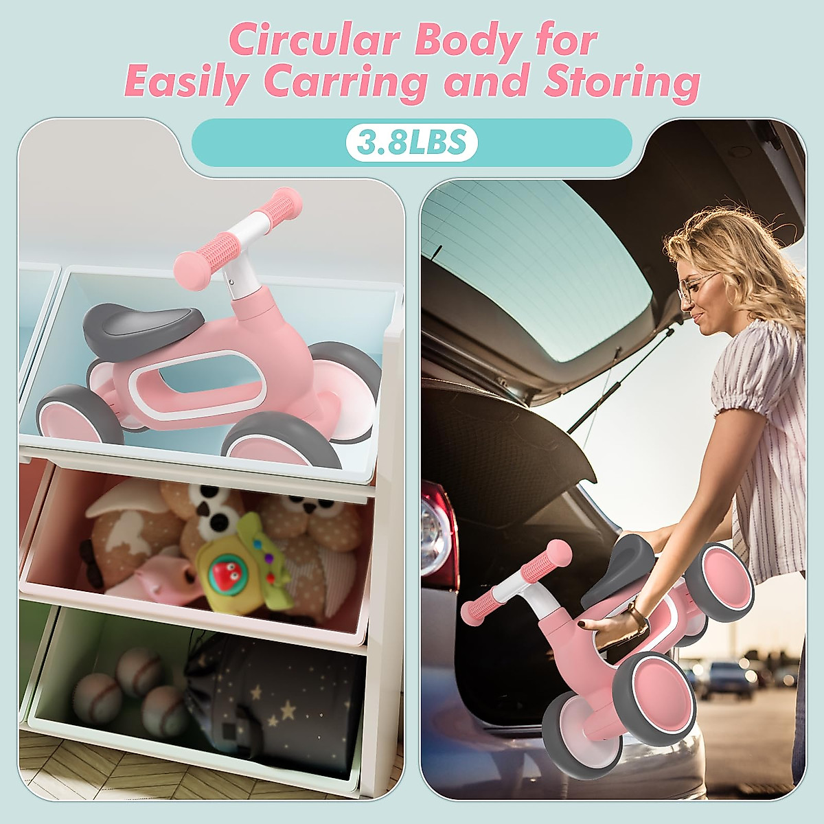 DRAMATION Baby Balance Bike for 1 Year Old Girls Gifts, 10-12 Months No Pedal Toddler Balance Bike with 4 Silence Wheels, 1st Birthday Gift, Ride On Toys for Boys Girls 1 Years Old, Pink