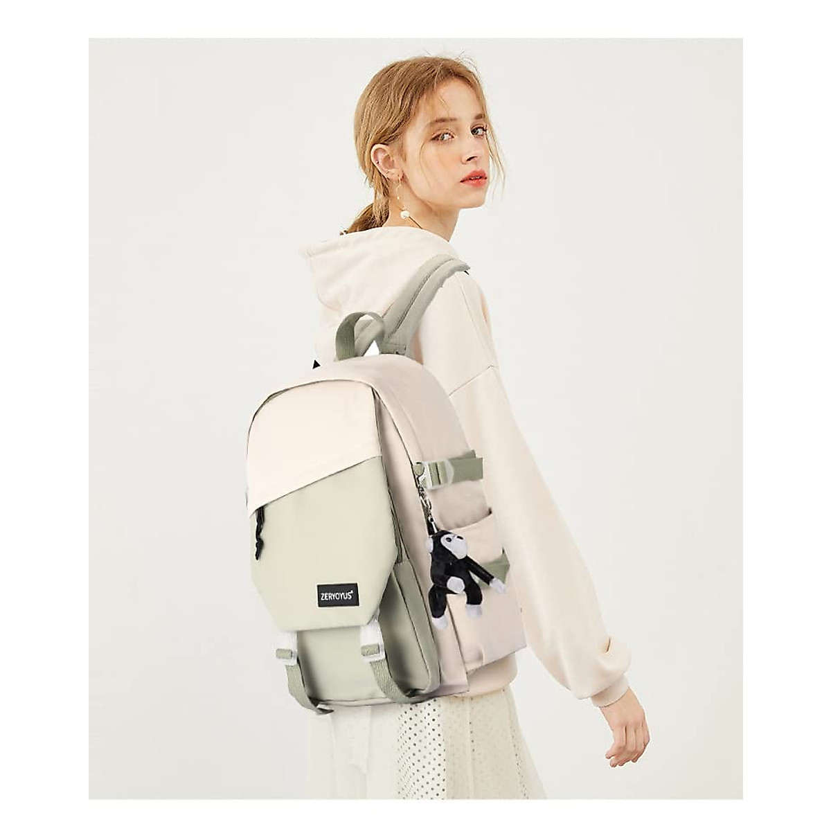 School Backpack Classic Basic Water Resistant Casual Daypack for Travel with Bottle Side Pockets Lightweight Bookbag College High School Bags For Boys Girls Gray Green/White