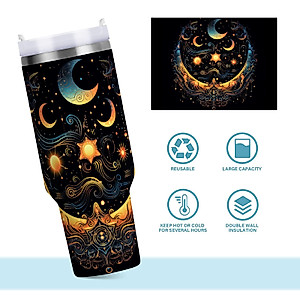 ALAZA Sun Moon Stars Alchemy Witchy 40 oz Tumbler Stainless Steel Water Bottle Vacuum Insulated Cup with Straw Lid & Handle For Travel Car Cup Holder