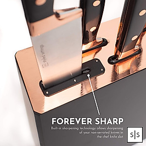 Copper Knife Set, A Knife Set with Sharpener Built-In, Upright 7-Piece Rose Gold Knife Set - Self Sharpening Knife Set With Block, Rose Gold Kitchen Accessories