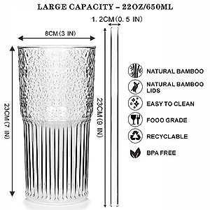 ANOTION Glass Cups with Lids and Straws 22oz - Coffee Cups Drinking Glasses Iced Coffee Cup Smoothie Cup Glass Tumbler Water Glasses Ribbed Glassware Clear Cups Travel Coffee Mug Glasses Drinking Set