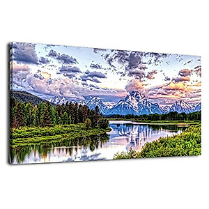 arteWOODS Landscape Canvas Wall Art Nature Picture Oxbow Bend Grand Teton National Park Modern Canvas Artwork River and Forest Contemporary Wall Art Large Size for Home Office Decoration 20" x 40"