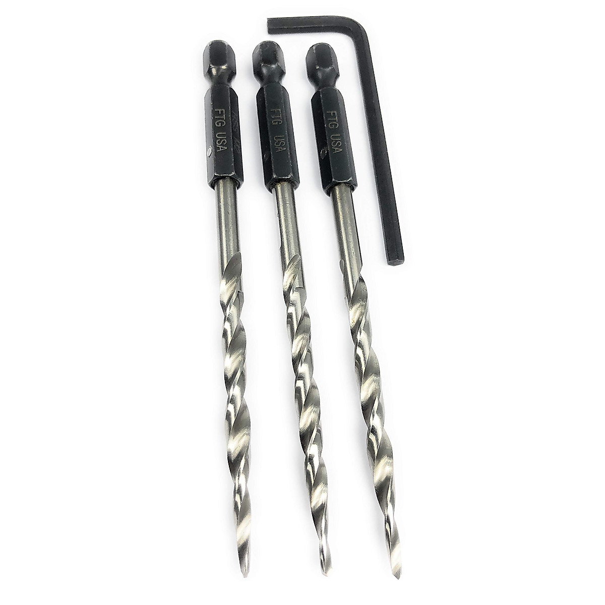 FTG USA Wood Countersink Drill Bit Set Sizes 6 8 10 12 Countersink Tapered Drill Bits, 2 Wood Plug Cutter 3/8" & 1/2" with 3 Replacement Bits #8 (11/64"), 2 Stop Collars, 1 Allen Wrench, Hex Shank