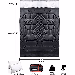 Ohuhu Double Sleeping Bag with 2 Pillows, Waterproof Lightweight 2 Person Adults Sleeping Bag for Camping, Backpacking, Hiking, with Carrying Bag (Black)