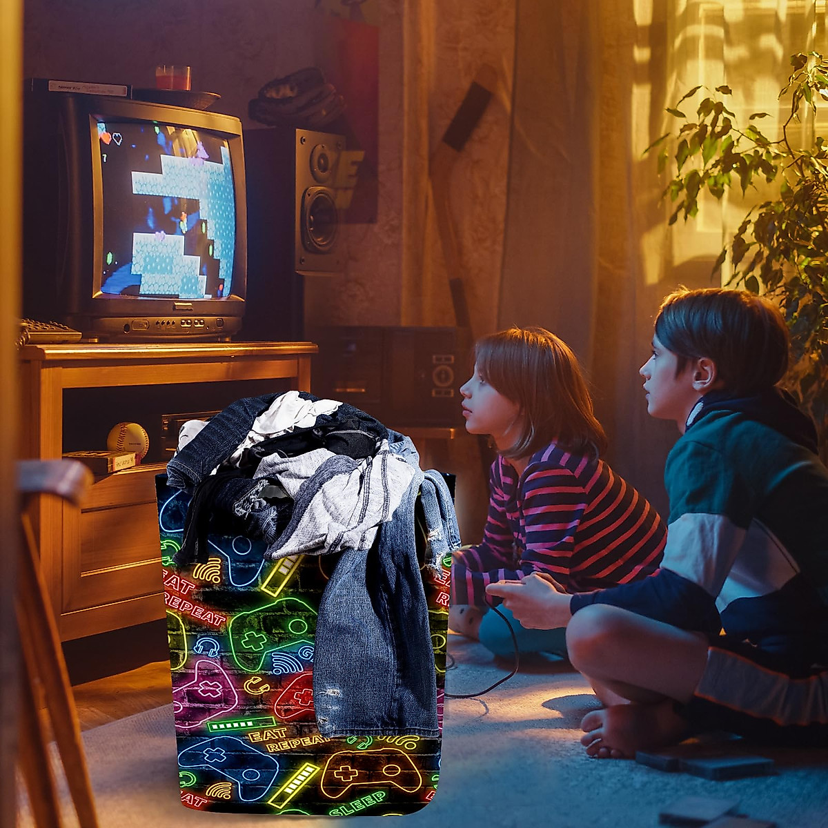 Large Size Boys Laundry Hamper Neon Gamer Basket with Handle Waterproof Foldable Lightweight Clothes Bucket Gift Toy Organizer for Laundry, Bedroom,Bathroom Decor (Neon Gamer)