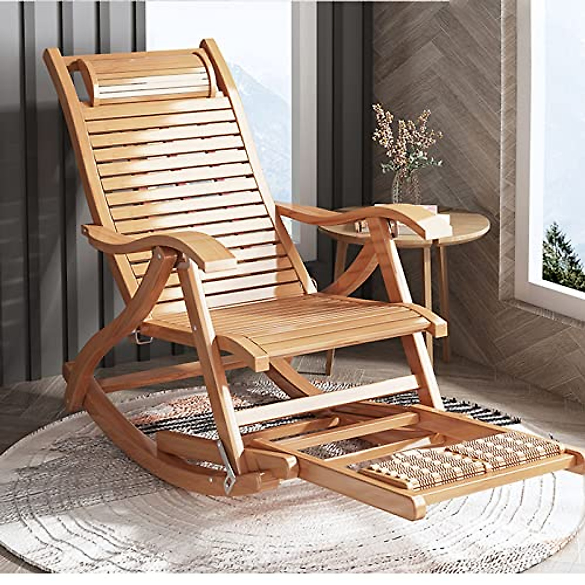 Lounge Chair, Folding Recline Rocking Chairs for Adults Wooden Bamboo Stable Comfort Garden Deck Chairs Foldable Recliner Load-Bearing 200kg (Color : Wooden Chair)