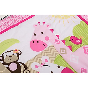 4 PCs Pink Animal Safari Nursery Crib Bedding Set 1 Quilt 1 Fitted Sheet 1 Skirt 1 Diaper Storage Bag