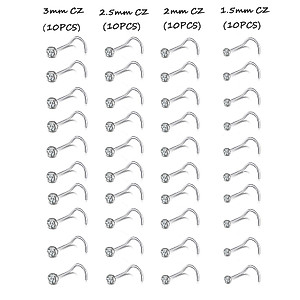 Tornito 20G 40Pcs Stainless Steel Curved Nose Stud Nose Ring CZ L Bone Screw Shaped Nose Screw Piercing Jewelry for Women Men