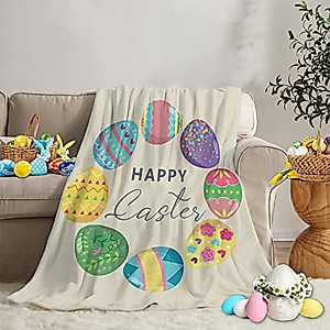FJPT Happy Easter Colorful Eggs Throw Blanket Flannel Fleece Spring Cute Blankets Soft Cozy Fuzzy Warm for Living Room Sofa Couch Bedroom (50" x 60")