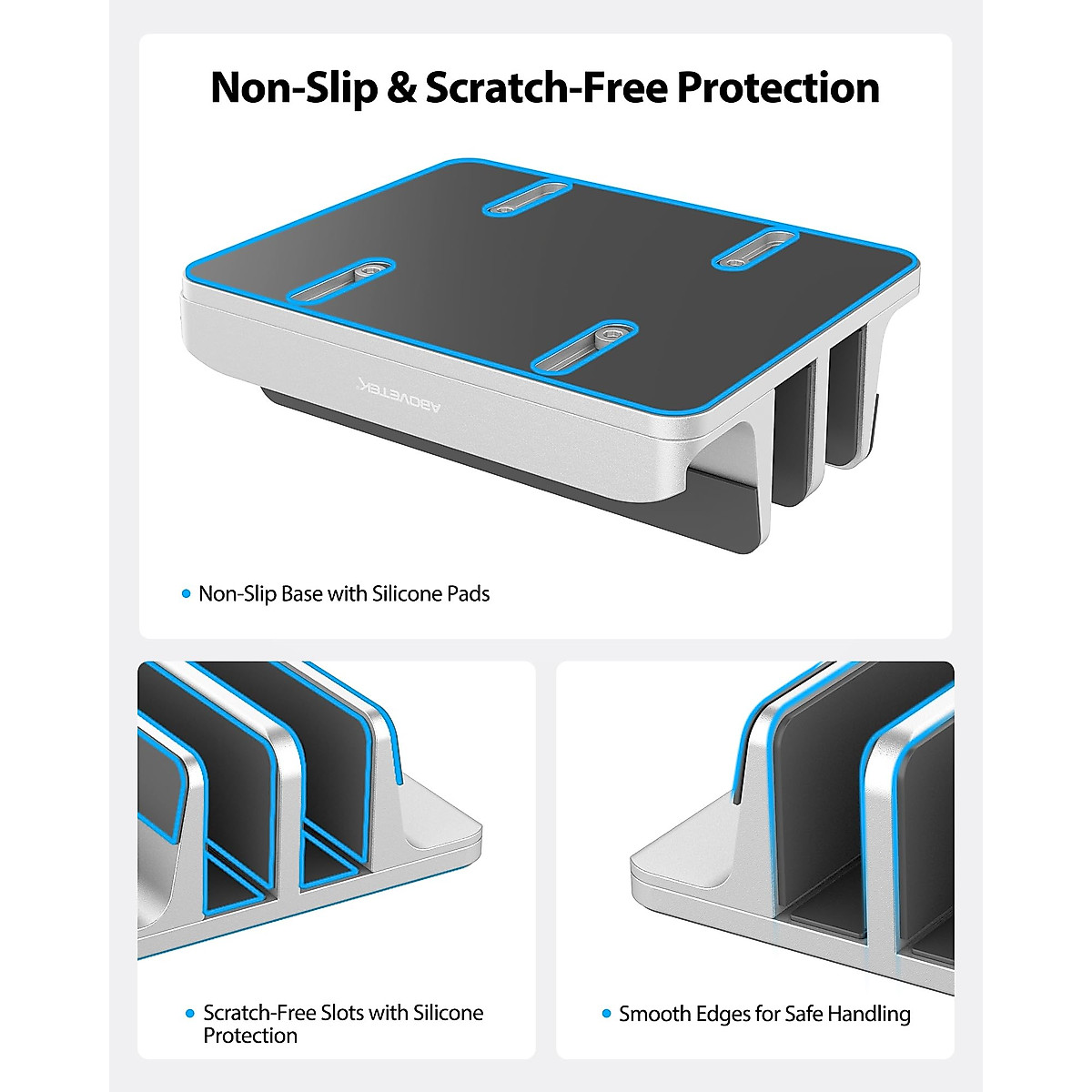 AboveTEK Vertical Laptop Stand 3 Slots for Computer, Tablet, Phone - Fits All Laptop Models (up to 17.3") - Heavy Duty Polished Aluminum Desktop Holder - Anti Slide Silicone Grips - Silver