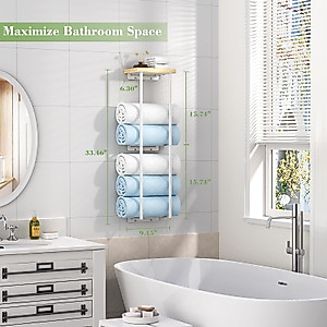 Anfeichen Towel Rack Wall Mounted, 2 Tier Bath Towel Storage Holder with Wooden Shelf, Metal Towel Rack for Small Bathroom Organizer, White