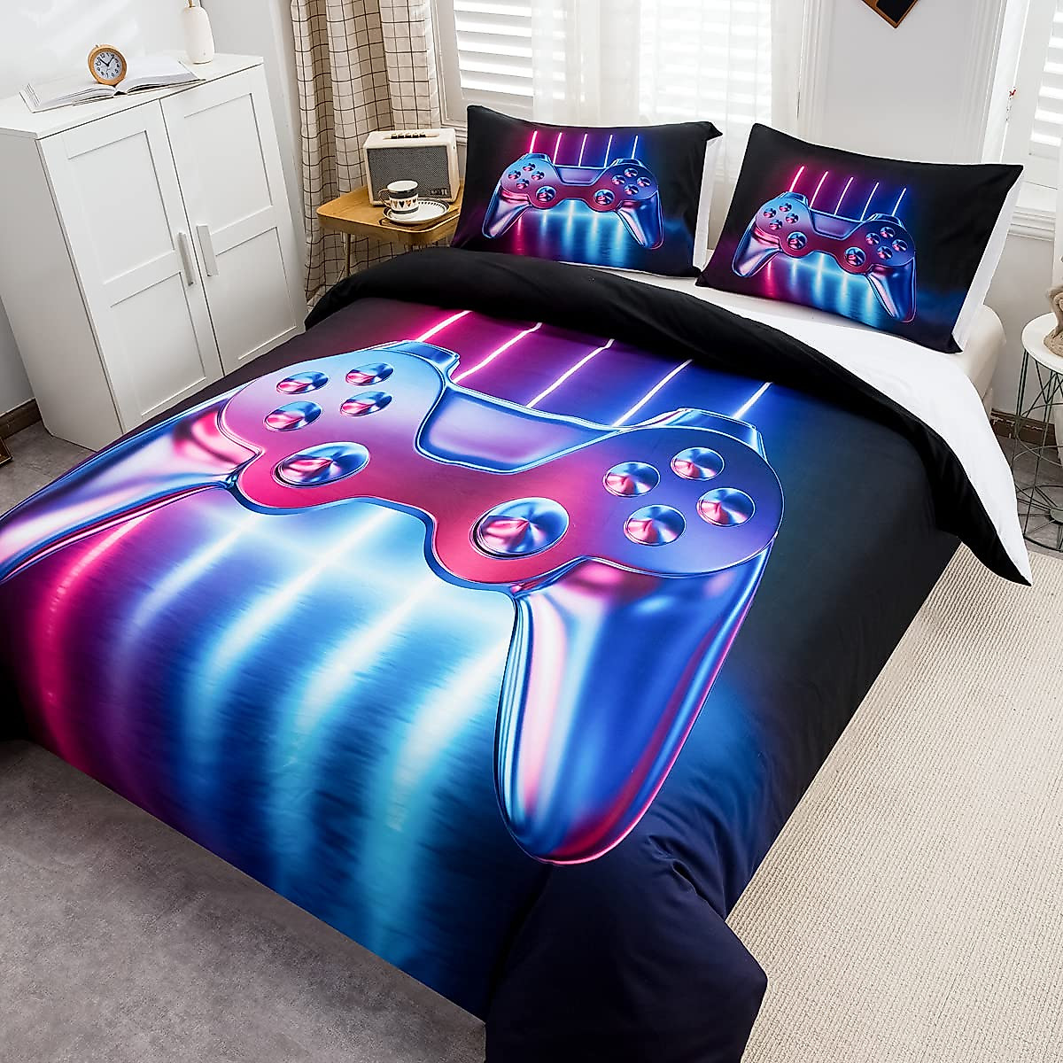 Boys Gamer Bedding Set Twin Size,Kids Girls Gaming Comforter Cover Gamer Decor Duvet Cover for Teens Youth Modern Gradient Gamepad Bedspread Cover with 1 Pillowcase,Soft Neon Games Bedding Collection