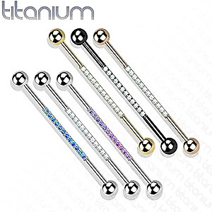 Covet Jewelry Titanium Industrial Barbell with CNC Lined Opal on Bar (Steel/Opal Purple)