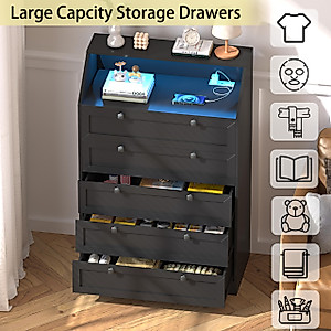 Wodeer 5 Drawer Dresser with Charging Station,LED Dresser for Bedroom,Chest of Drawers with Deep Drawers, Wood Dresser for Storage and Organization for Bedroom,Living Room, Hallway,Black