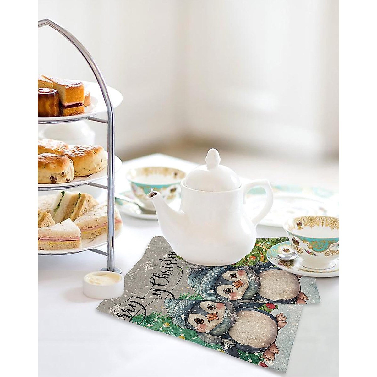 Onekaccu Christmas Dish Towels Set, Waffle Weave Kitchen Towels Microfiber Towels Cleaning Penguin Xmas Tree Snowflake Gray Painting Soft Absorbent Dish Drying Towels Hand Towels 2 Pack 12x12 in