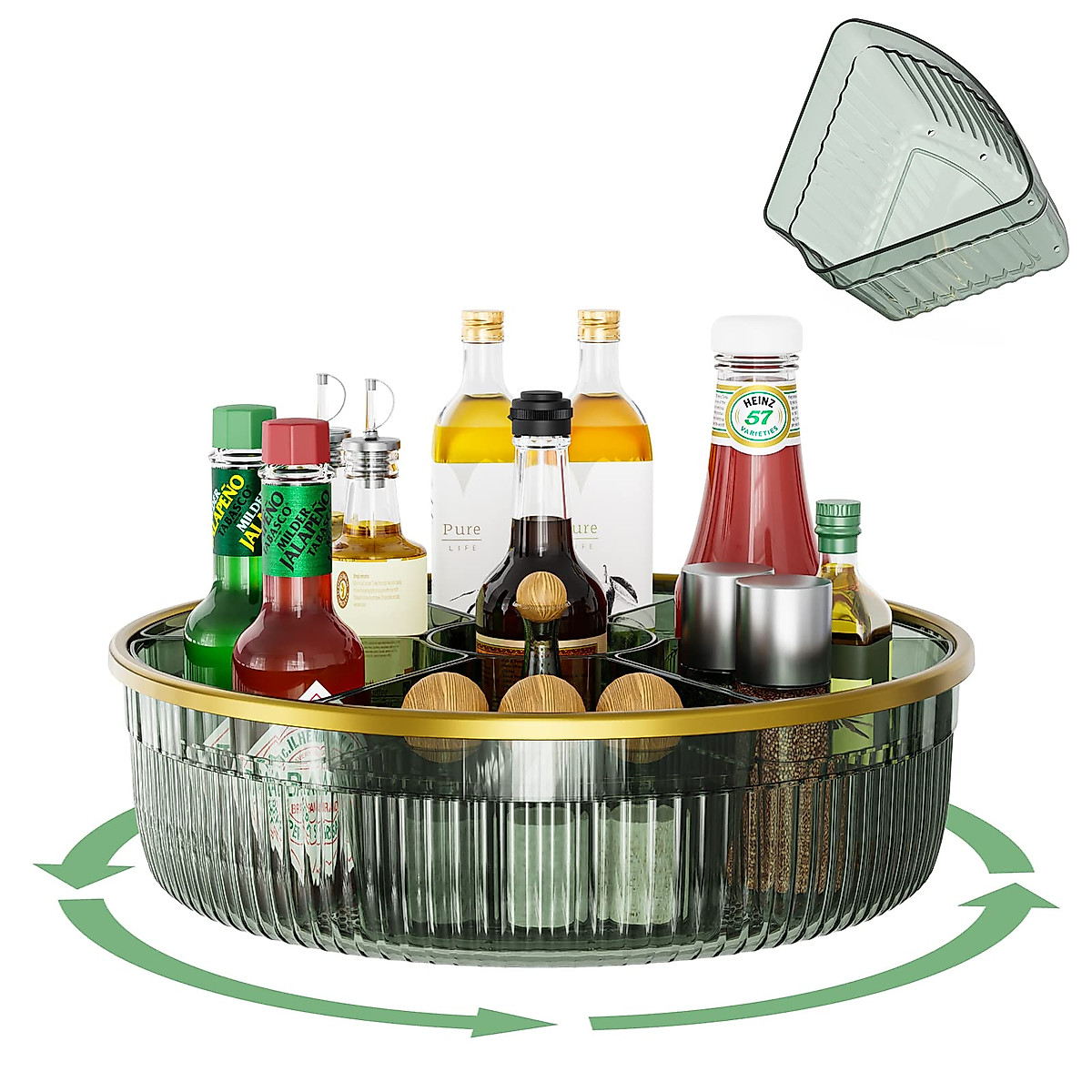 11.8 Inch Lazy Susan Organizer for Cabinet with 7 Removable Bins, 360° Turnable Clear Spice Rack Organizer for Cabinet, Decorative Trays for Pantry, Cupboard, Makeup, Kitchen, Bathroom - Dark Green