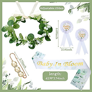 5 Pieces Eucalyptus Leaves Baby Shower Mom to be badge Eucalyptus Leaves Crown Kit, Include Gold Glitter Letters Sash, Mom to Be & Daddy to Be Corsage and Pearl Brooch Pin Headband Keepsake Decoration