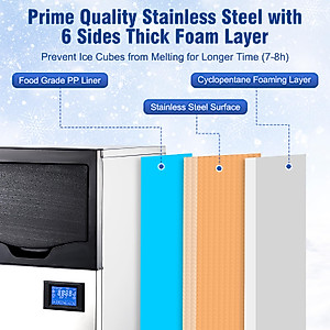 Commercial Ice Maker Machine,Freestanding/Under Counter Stainless Steel Ice Machine,100Lbs/24 Hour with 35Lbs Ice Storage Capacity, Perfect for Restaurant/Bar/Cafe/Shop/Home/Office