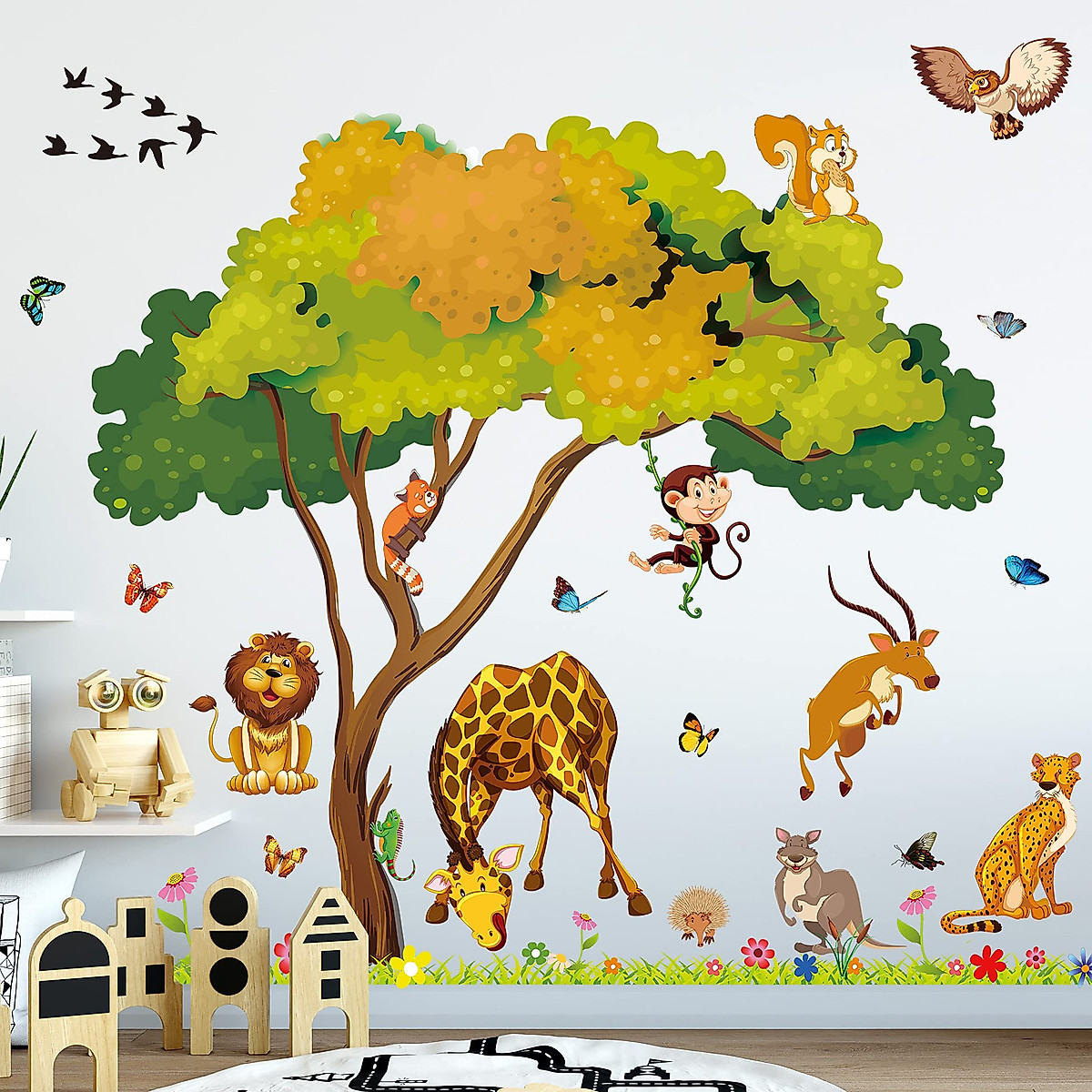 Jungle Animal and Tree Wall Decals Removeable DIY Flower Lion Giraffe Owls Wall Sticker Peel and Stick Wall Decor for Nursery Kids Room Bedroom Living Room