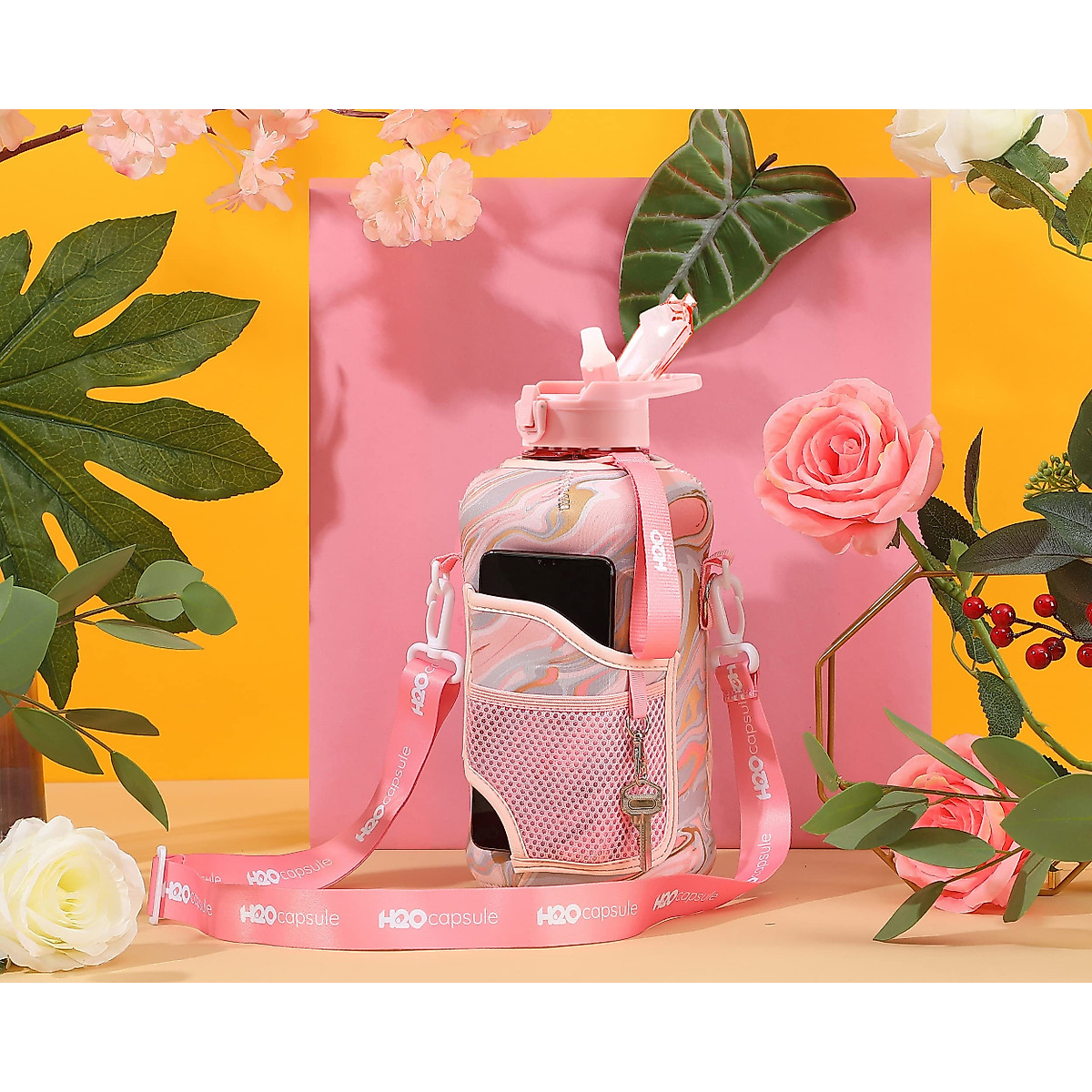 H2O Capsule 2.2L Half Gallon Water Bottle with Storage Sleeve and Removable Straw – BPA Free Large Reusable Drink Container with Handle - Big Sports Jug, 2.2 Liter (74 Ounce), Pink Marble