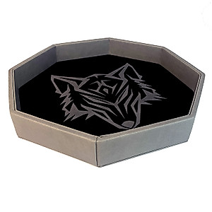 Luck Lab 11.5 Inch Dice Tray – Black and Grey - Big Octagonal Dice Tray with Luxurious Rolling Area for RPG Table Top Gaming Like D&D - Wolf Design
