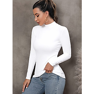 FOUGEDE Women's Mock Turtleneck Long Sleeve/Sleeveless/Half Sleeve/Short Sleeve/Crop Top Basic Fitted Stretch Slim Tops White