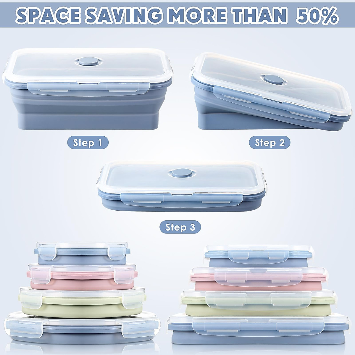 Nuanchu 8 Pcs Collapsible Food Storage Containers Silicone Airtight Collapsible Bowls with Lids Rectangular and Round Stackable Microwave Lunch Containers, Freezer, Dishwasher Safe (Blue, Pink, Green)