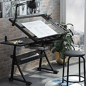 Adjustable Glass Drafting Table,Versatile Art Study Table,with Storage Drawers,Art Studio Design Sketching Painting Work Station