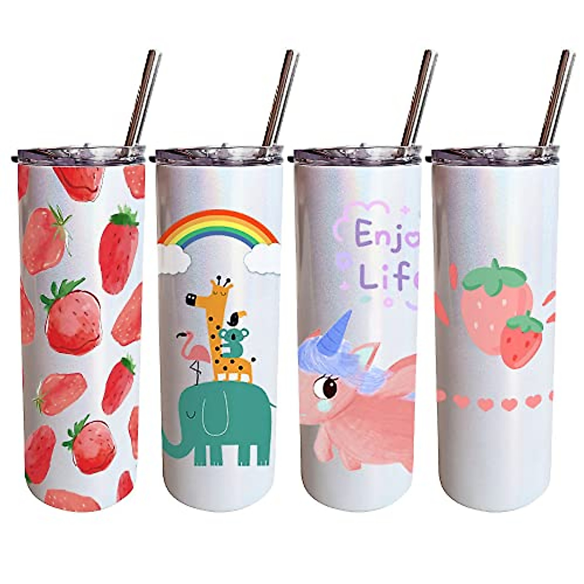POVOKICI 25 Pack 20oz Sublimation Glitter Tumblers, Straight Skinny Sparkling Tumblers Bulk, White Rainbow Stainless Steel Vacuum Blanks Coffee Tumblers