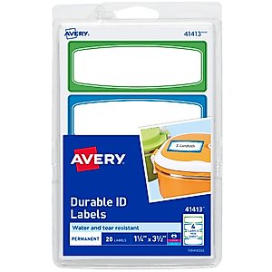 Avery(R) Durable Labels for Kids' Gear, 3-1/2" x 1-1/4", Assorted Border Colors, Water-Resistant Labels, 20 Rectangle Labels Total (41413)