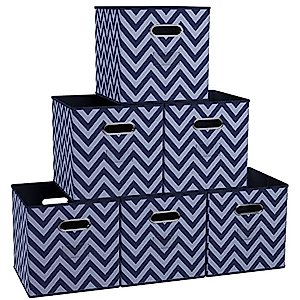 Ornavo Home Foldable Storage Bins Basket Cube Organizer With Dual Handles and Window Pocket - 6 Pack - 12" L x 12" W x 12" H - Chevron Navy