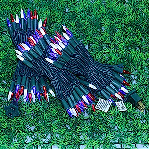 JinBest 150 LED Red White and Blue String Lights, UL Certified and Commercial Decorations Series Green Wire 50 Ft, for Indoor and Outdoor Party, 4th of July, Patriots Day, Garden