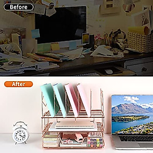 gianotter Desk Organizers and Accessories, Office Supplies Desk Organizer with Sliding Drawer, Double Tray and 5 Upright Section ​File Sorter Organizer (Rose Gold)