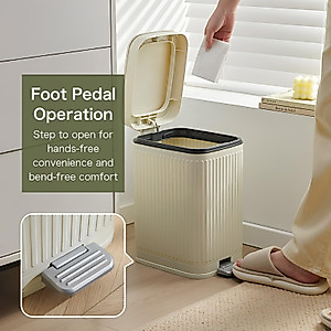 Small Bathroom Trash Can with Lid, Press-Top Lid & Foot Pedal 2-in-1 Garbage Can, 2.6 Gal Plastic Wastebasket Soft Close, Dog proof, Slim Step-On Trash Bin for Kitchen, Office, Bedroom, Dorm-White-10L