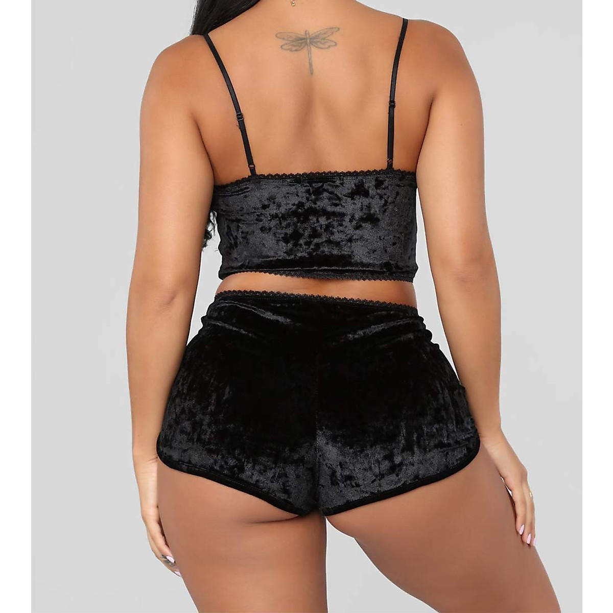 RUEWEY Women Sexy Strappy Babydoll Lingerie Satin Pajama Set Camisole with Shorts 2 Piece Sleepwear (S, Black)