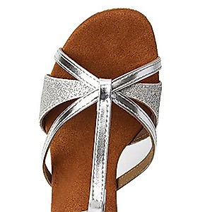 SWDZM Women Satin Latin Dance Shoes T-Strip Ballroom Salsa Chacha Performance Practice Dancing Shoes,809 Heel 3",Silver 7.5 US