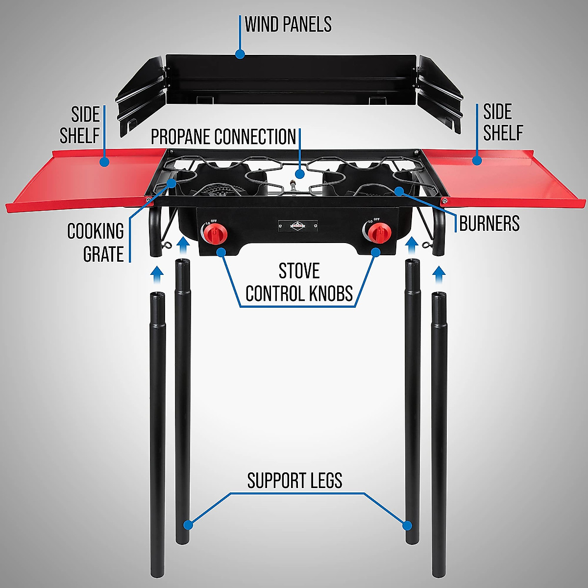 Hike Crew Cast Iron Double-Burner Outdoor Gas Stove | 150,000 BTU Portable Propane-Powered Cooktop with Removable Legs, Temperature Control Knobs, Wind Panels, Hose, Regulator & Storage Carry Case