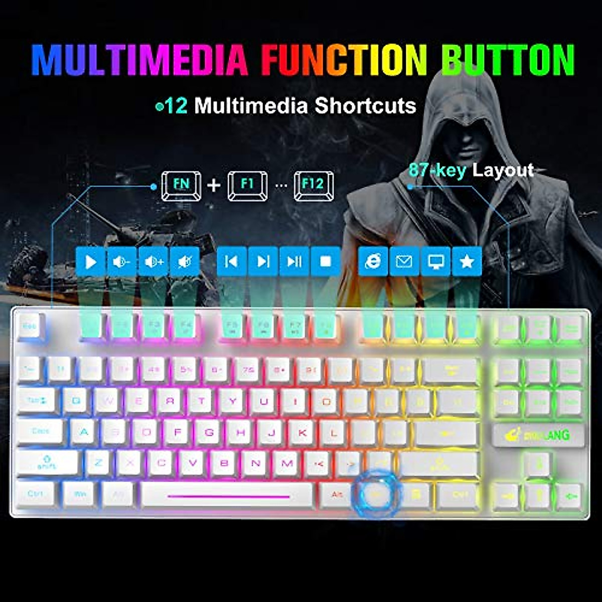 Wireless Gaming Keyboard Mouse and Wrist Rest Set with 87 Key Rainbow Backlight Rechargeable 3800mAh Battery Mechanical Feel Anti-ghosting Ergonomic Waterproof Mute Mice for PC Mac Gamer (White Mix)