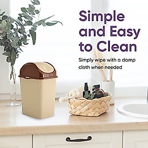 Superio Mini Plastic Trash Can with Swing Top Lid 1.25 Gallon Compact Small Waste Bin Portable Garbage Can for Countertop, Desktop, Make up Vanity, Bathroom, Car, Under Sink, Dorm, 5 Quart (Beige/Brown, 3)