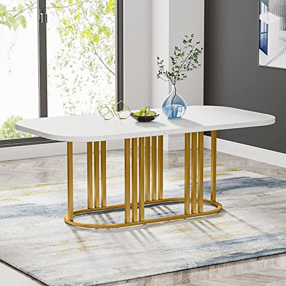 Tribesigns Gold Dining Table for 6, 71” Modern White Kitchen Table, Rectangular Dining Room Table with Heavy Duty Oval-Shaped Metal Frame, White/Gold