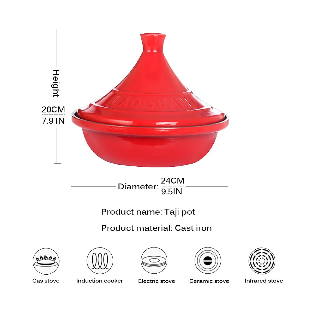 Cast Iron Moroccan Tagine with Gloves Enameled Base and Cone-Shaped Lid Slow Cooker Tagine Pot Non-Stick Pot Without Lead Cooking Pot Good for Baking and Frying, Oven and Dishwasher Safe (A,Red)