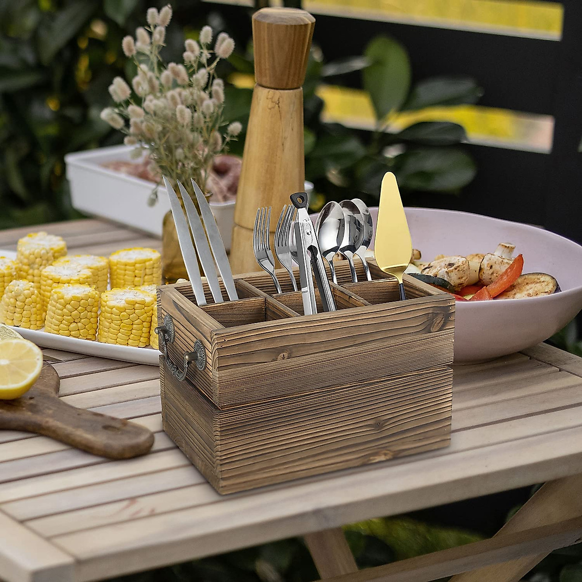 MyGift Rustic Burnt Wood Flatware Holder and Utensil Caddy Storage Carrier with 6 Slots and Vintage Metal Side Handles