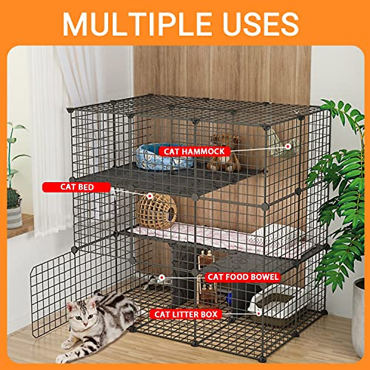 IKARE Cat Cage DIY Indoor Pet Home Small Animal House Detachable Playpen with 3 Doors 3 Tiers for Kitten Puppy Bunny Exercise. (Black，27.6 x 27.6 x 41.3Inch)