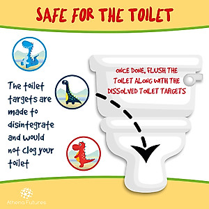 ATHENA FUTURES Dinosaur Potty Training Toilet Targets - 2" Water Soluble, Flushable Urinal Paper Cards for Toddlers, Boys - Kids Trainer Kit with Lift Lid Sticker and Peeing Chart - 80 Targets
