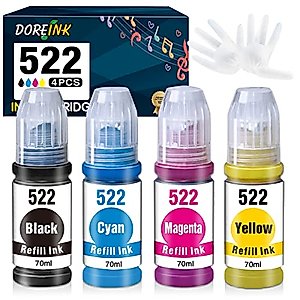 DOREINK Compatible 522 T522 EcoTank Refill Ink Bottle Replacement for EcoTank ET-2720 ET-2800 ET-4700 ET-2803 ET-4800 ET-2710 ET-1100 Printer (4 Pack, Black, Cyan, Magenta, Yellow) Dye Ink
