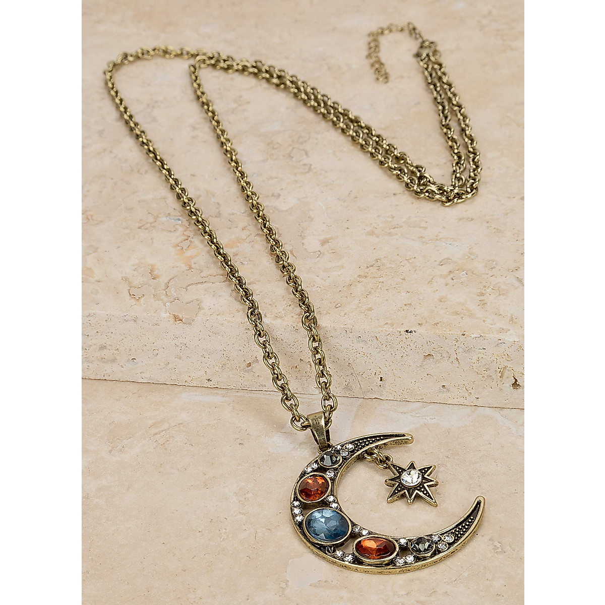 SPUNKYsoul Boho Antique Gold Tribal Crescent Moon Faceted Crystal Long Necklace for Women