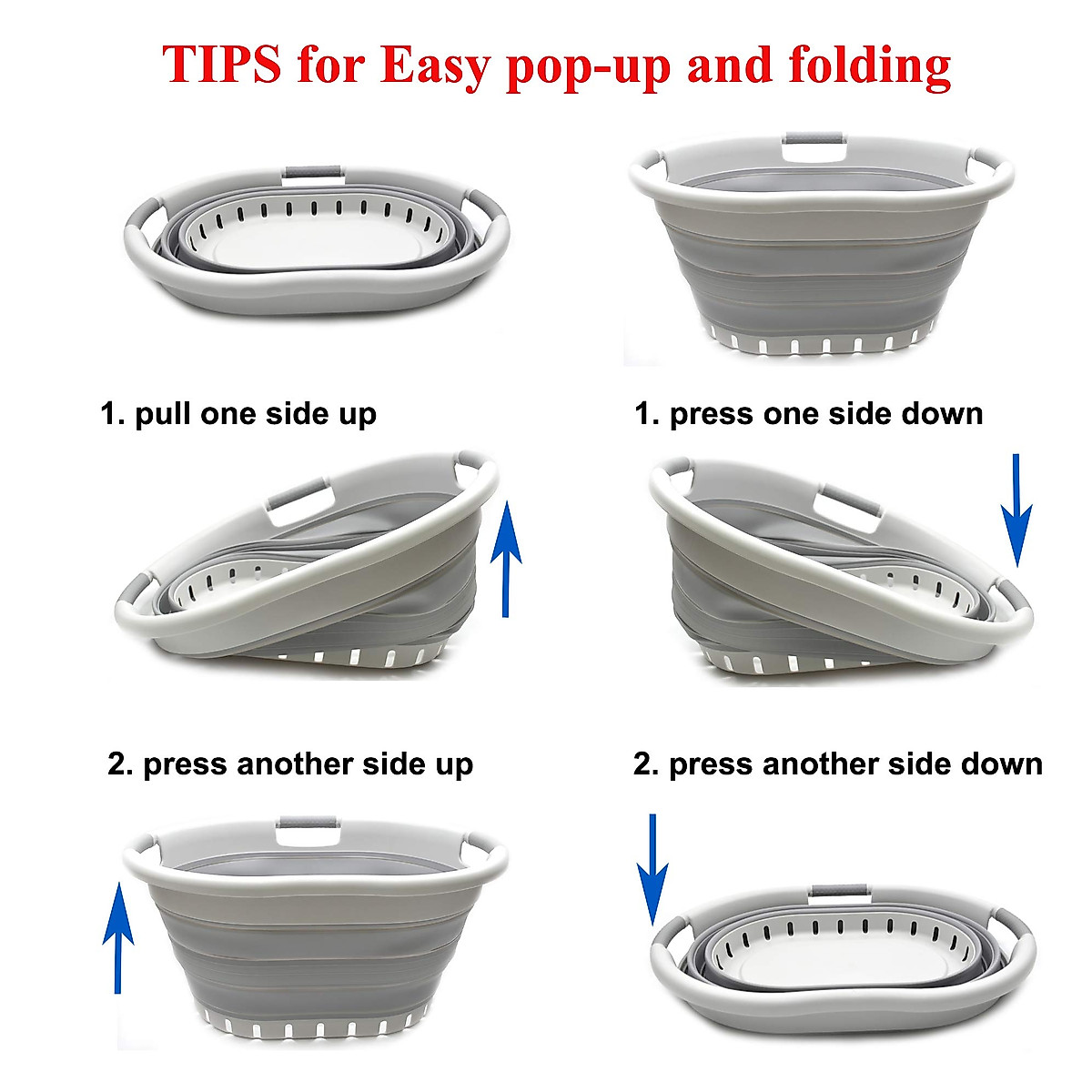 SAMMART 36L (9.5 gallon) Collapsible 3 Handled Plastic Laundry Basket-Foldable Pop Up Storage Container/Organizer-Space Saving Basket (3 handled Oval, Grey/Grey)