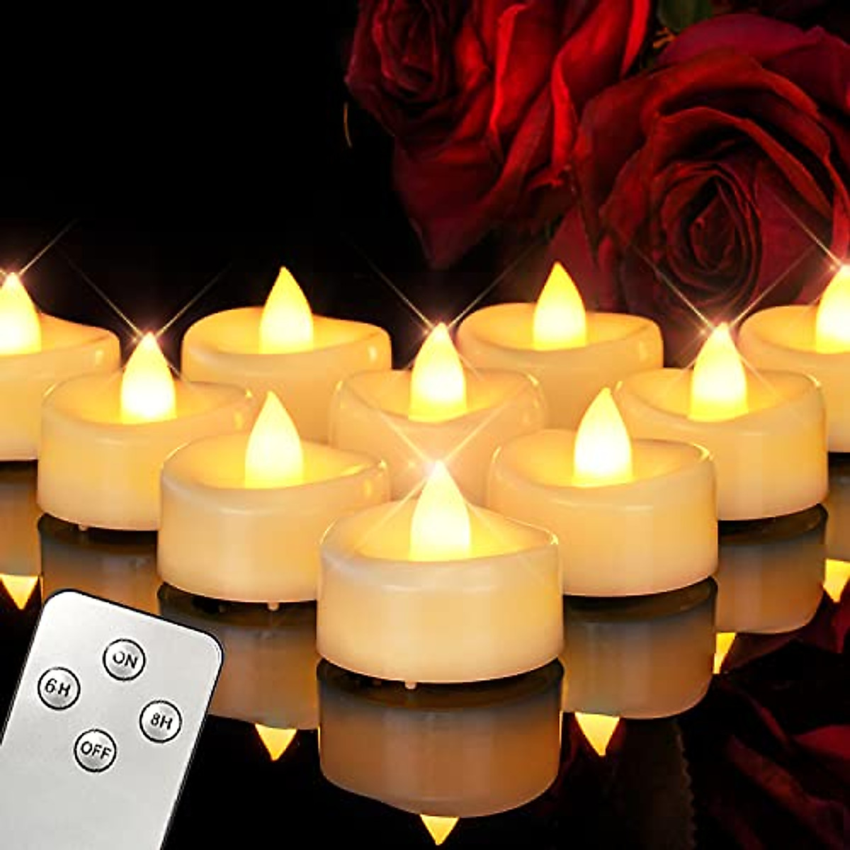 YOJACIKI Flameless Candles, 12 Pack Remote Control Tea Lights, Battery Candles Flickering, 6/8H Timer LED Tea Lights with Remote for Halloween Christmas Home Decor, Dia 1-1/2” X H 1-1/4”(Warm White)